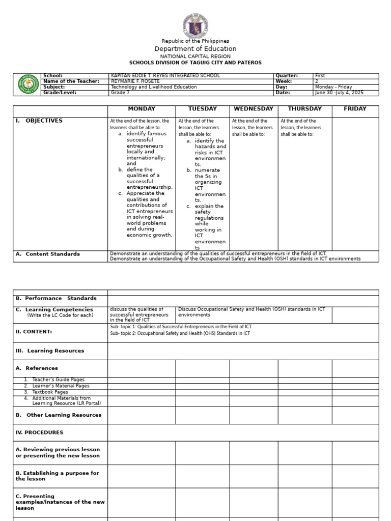 DLL-DLP Template - .DO 42, 2016 - Final | PDF | Educational Technology ...