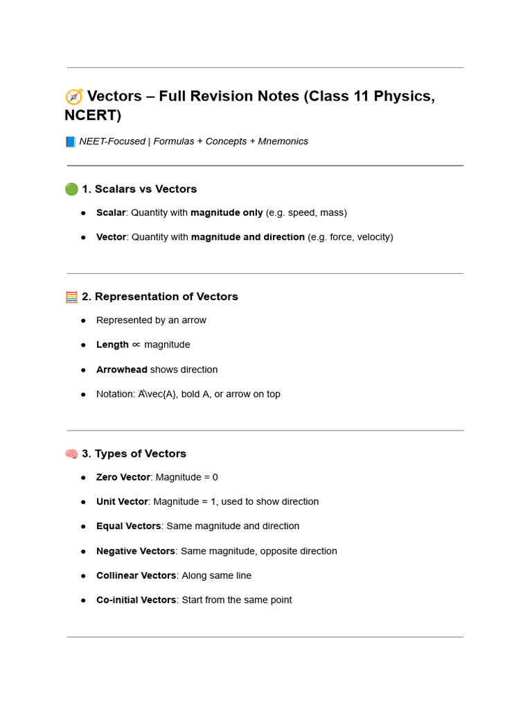 Class 11 Physics: Vectors Revision Notes | PDF | Euclidean Vector ...