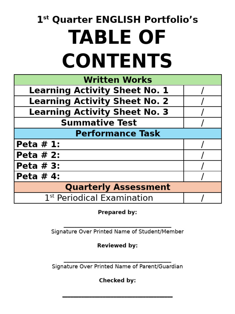 Table of Contents ENGLISH Portfolio | PDF