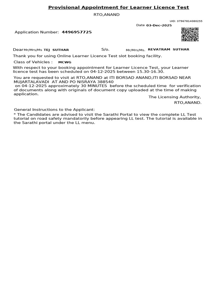 Learner Licence Test Appointment Notice | PDF
