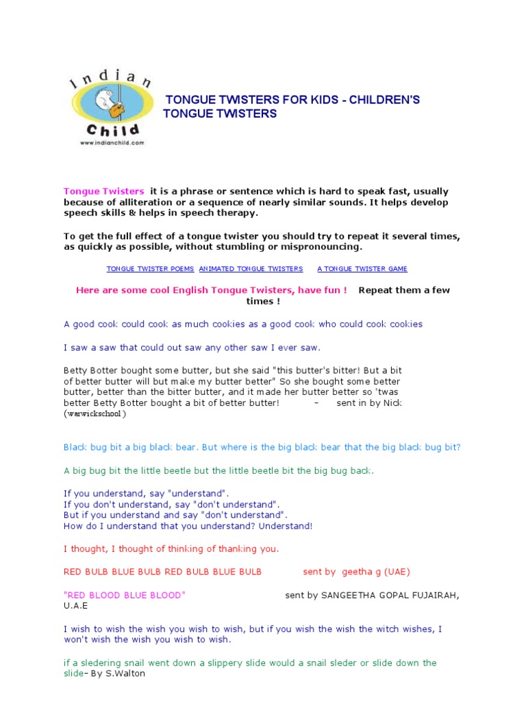 Tongue Twisters For Kids | PDF | Linguistics