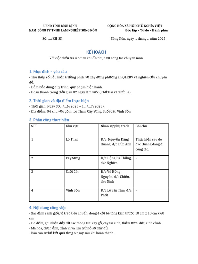 Ke Hoach Dieu Tra o Tieu Chuan 1 | PDF