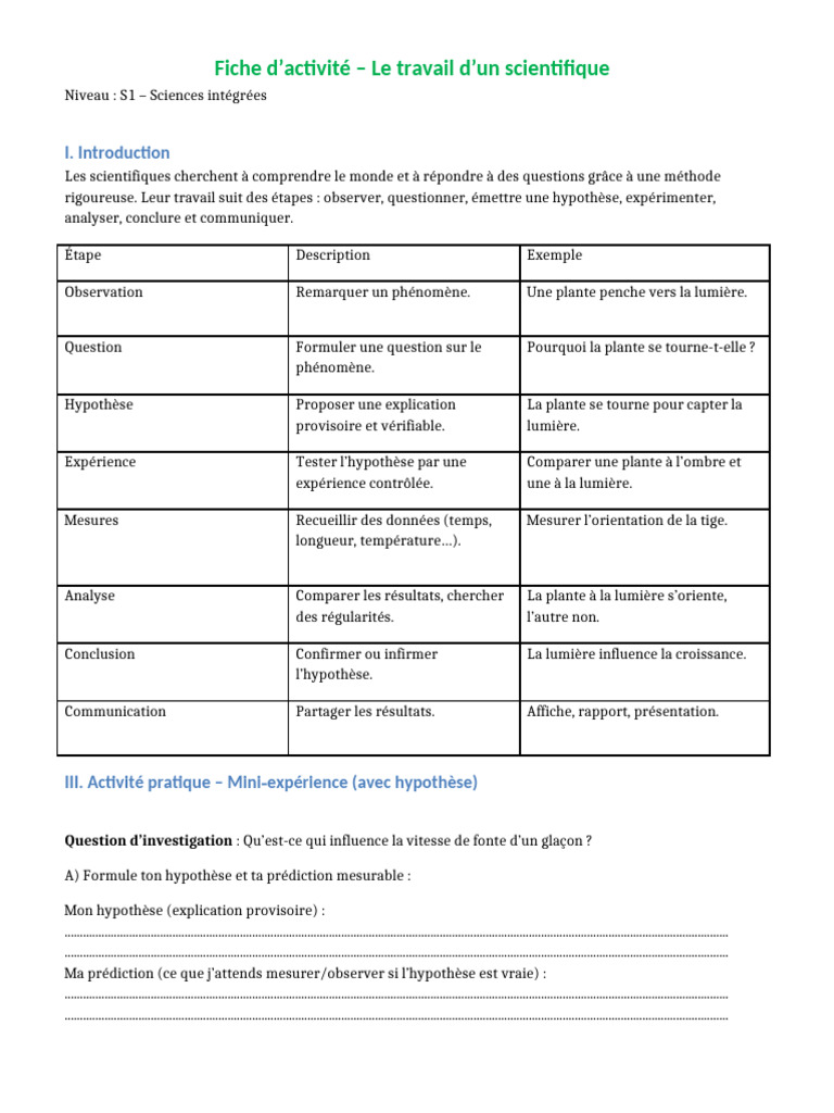 Activité scientifique : méthode et expérience | PDF | Observation | Lumière