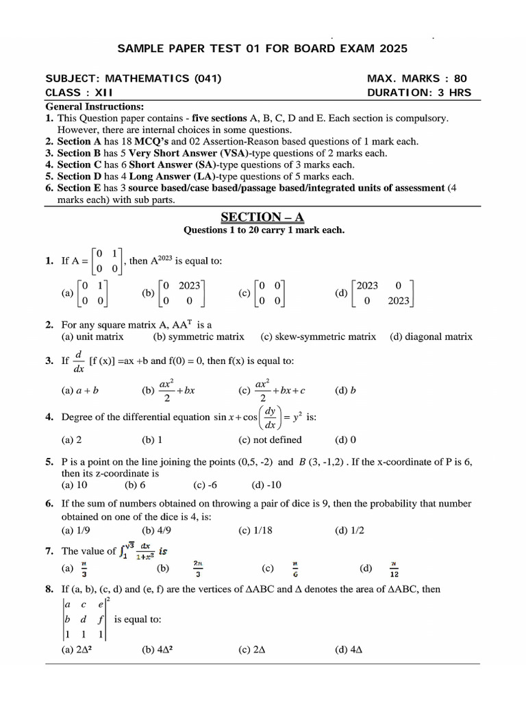 Maths Class Xii Sample Paper Test 01 for Board Exam 2025 Qp | PDF