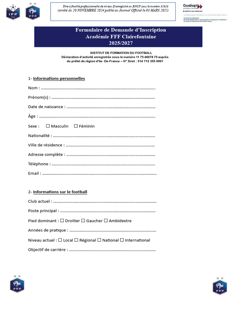 Inscription à l'Académie FFF 2025-2027 | PDF