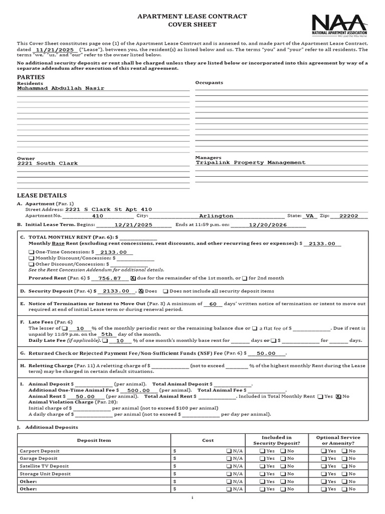 Apartment Lease Contract Cover Sheet | PDF | Lease | Renting