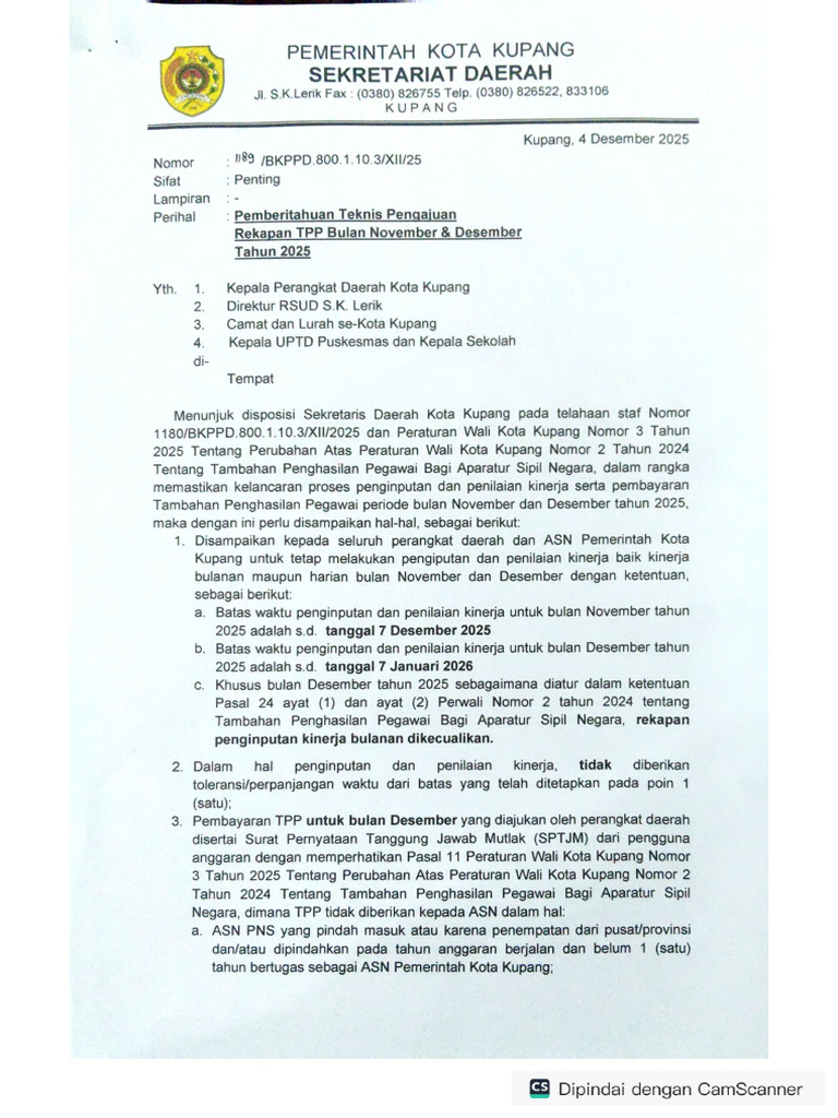 Surat Pemberitahuan Teknis Pengajuan Rekapan TPP Bulan November Dan Desember Tahun 2025 | PDF