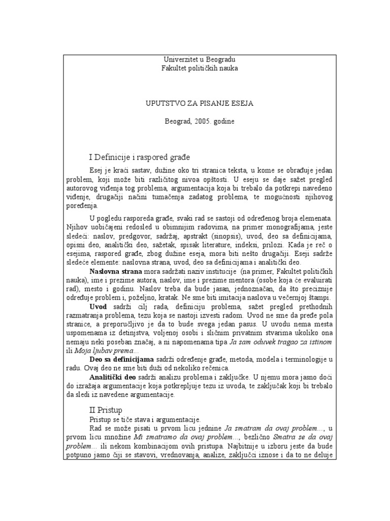 Uputstvo Za Pisanje Eseja