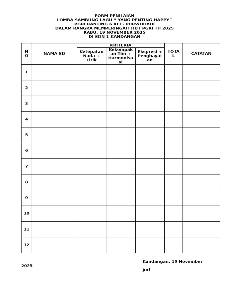 Penilaian Lomba Sambung Lagu PGRI 2025 | PDF