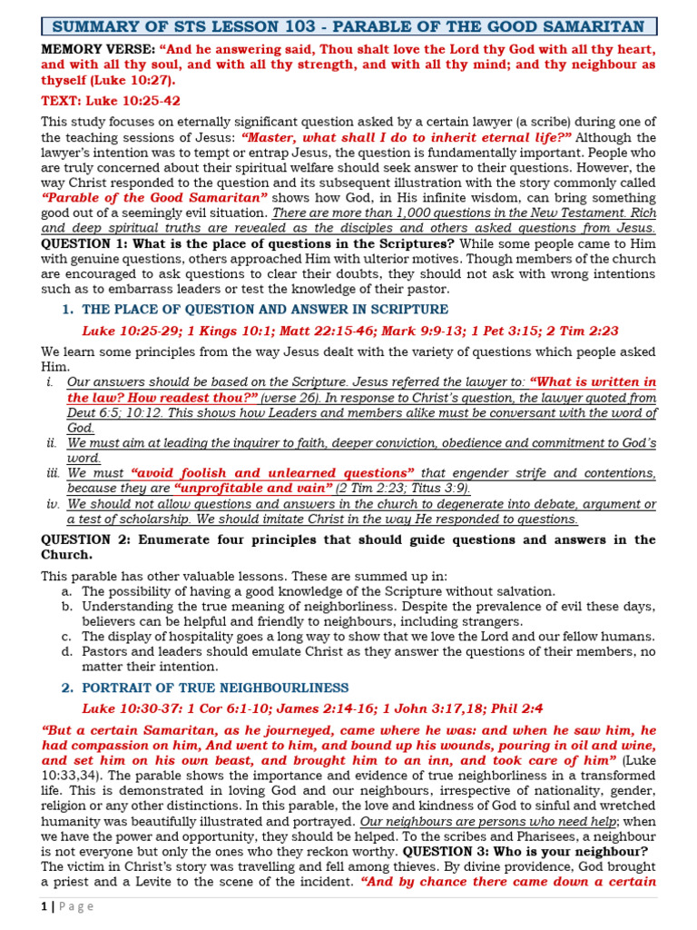 Summary of Sts Lesson 103 - Parable of the Good Samaritan | PDF | Jesus ...