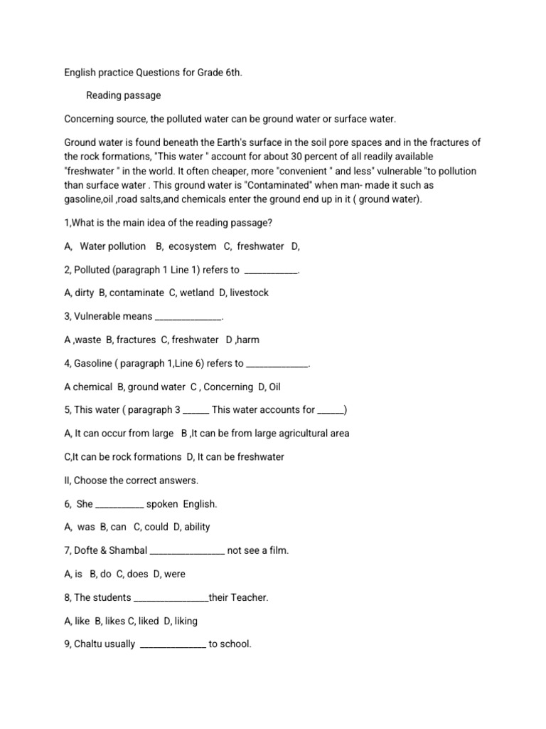 Grade 6 English Practice Questions | PDF