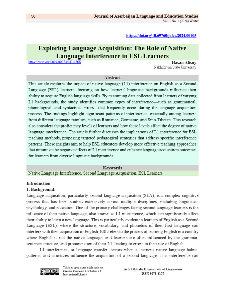 L1 Interference in ESL Learning | PDF | Second Language Acquisition ...