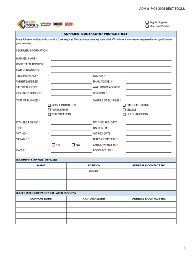 Adm 017v03 Supplier Contractor Profile Sheet Adm 017v03 2025 Best Tools ...