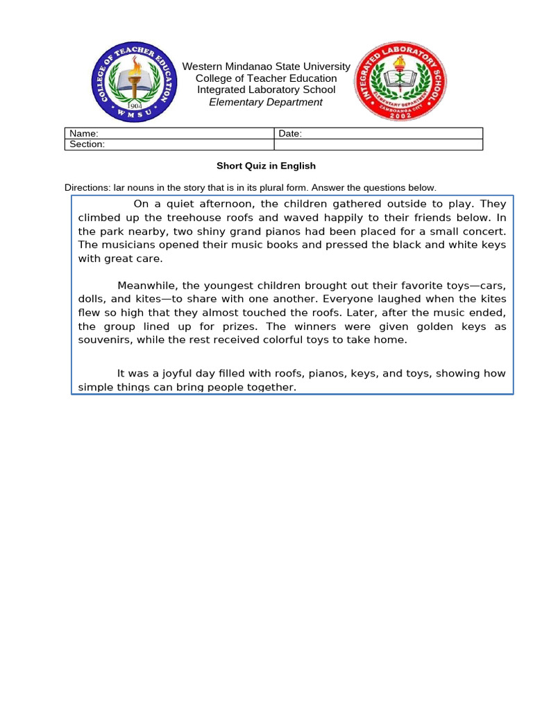 Short English Quiz for Elementary Students | PDF