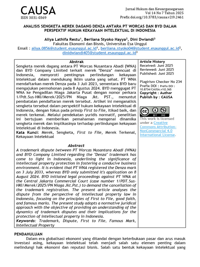 Sengketa Merek Denza: PT WNA vs BYD | PDF