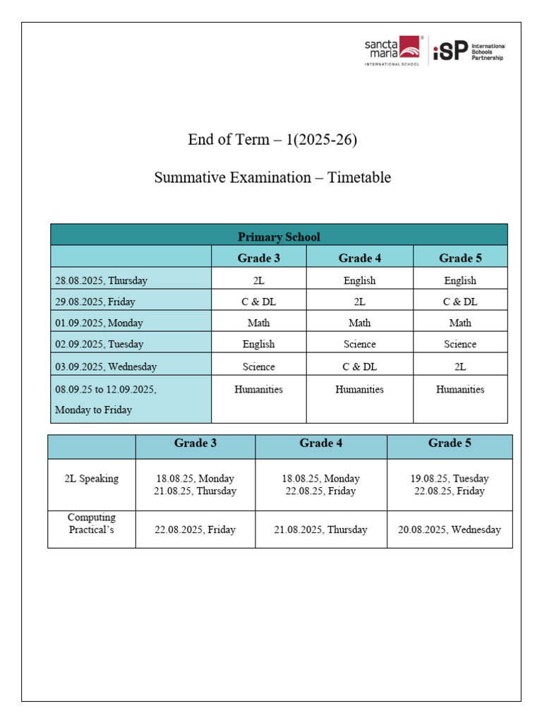 End of Term 1 - Timetable | PDF