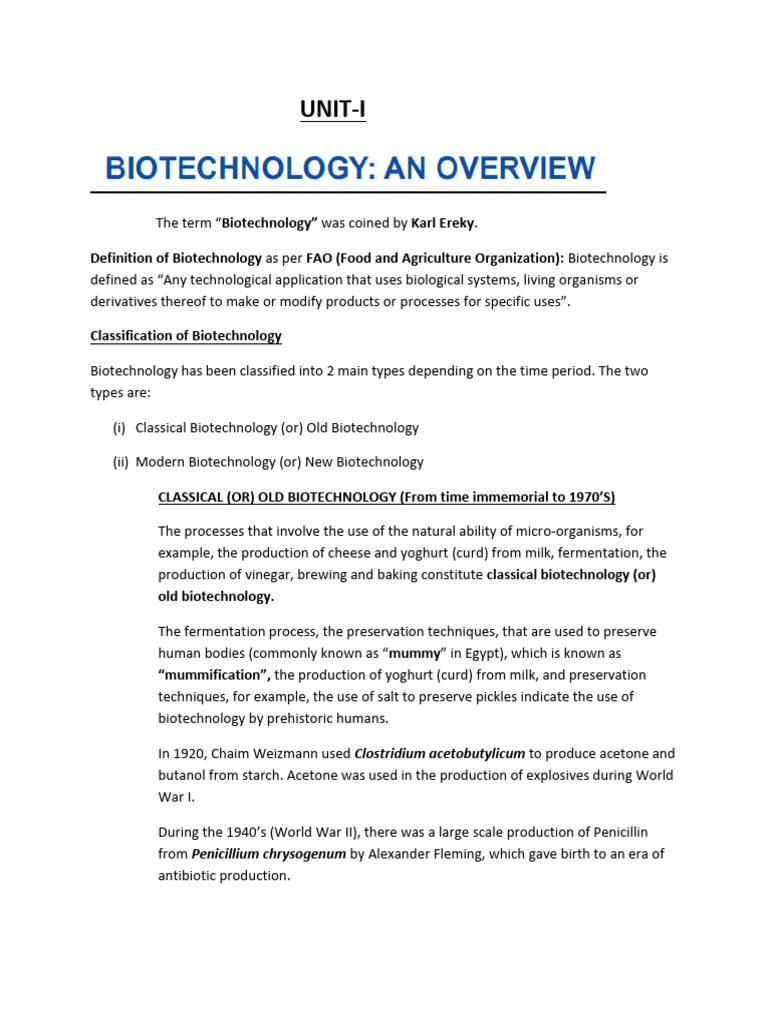 XI Biotech Unit-1 C.W. Notes | PDF | Biotechnology | Microorganism