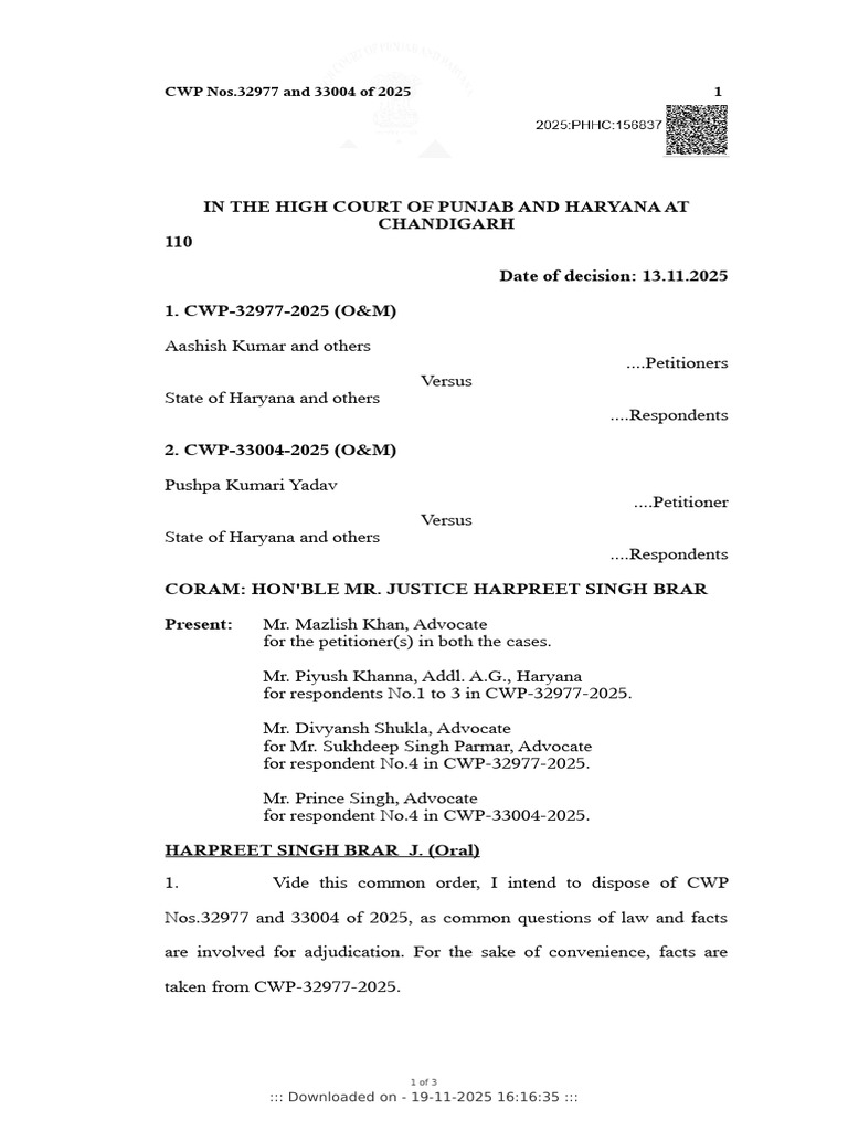 CWP 32977 & 33004: Haryana Clerk Result Revision | PDF | Legal ...