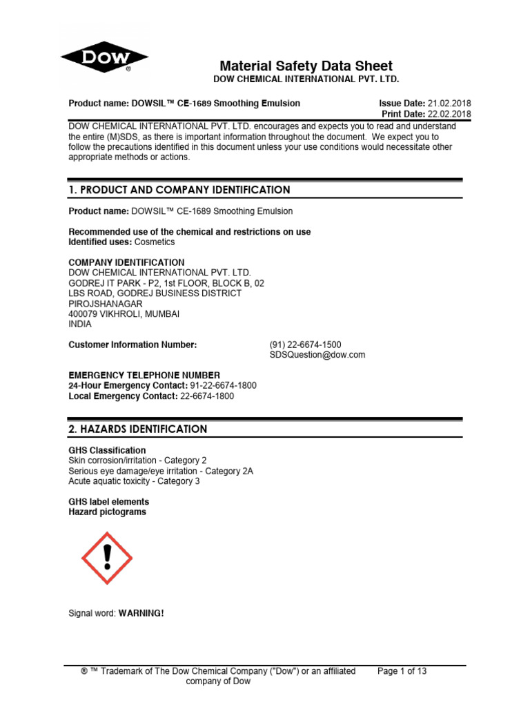 DOWSIL CE-1689 Emulsion Safety Data Sheet | PDF | Toxicity | Chemistry