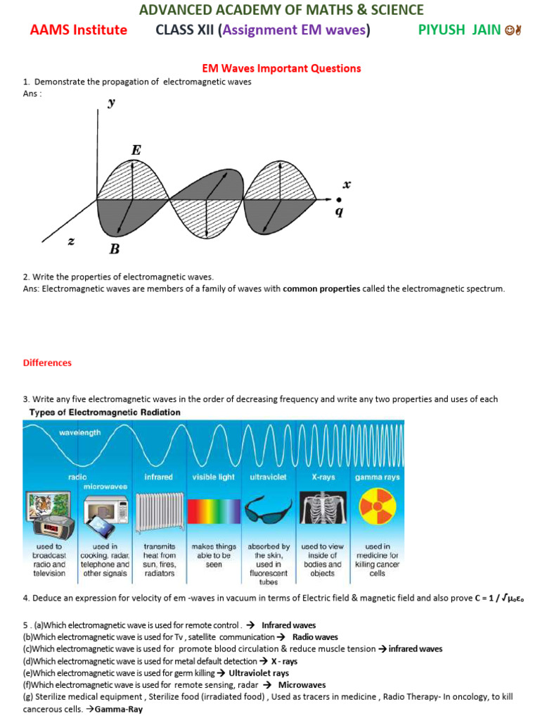 EM Waves Assignment for Class XII | PDF | Electromagnetic Radiation | Waves