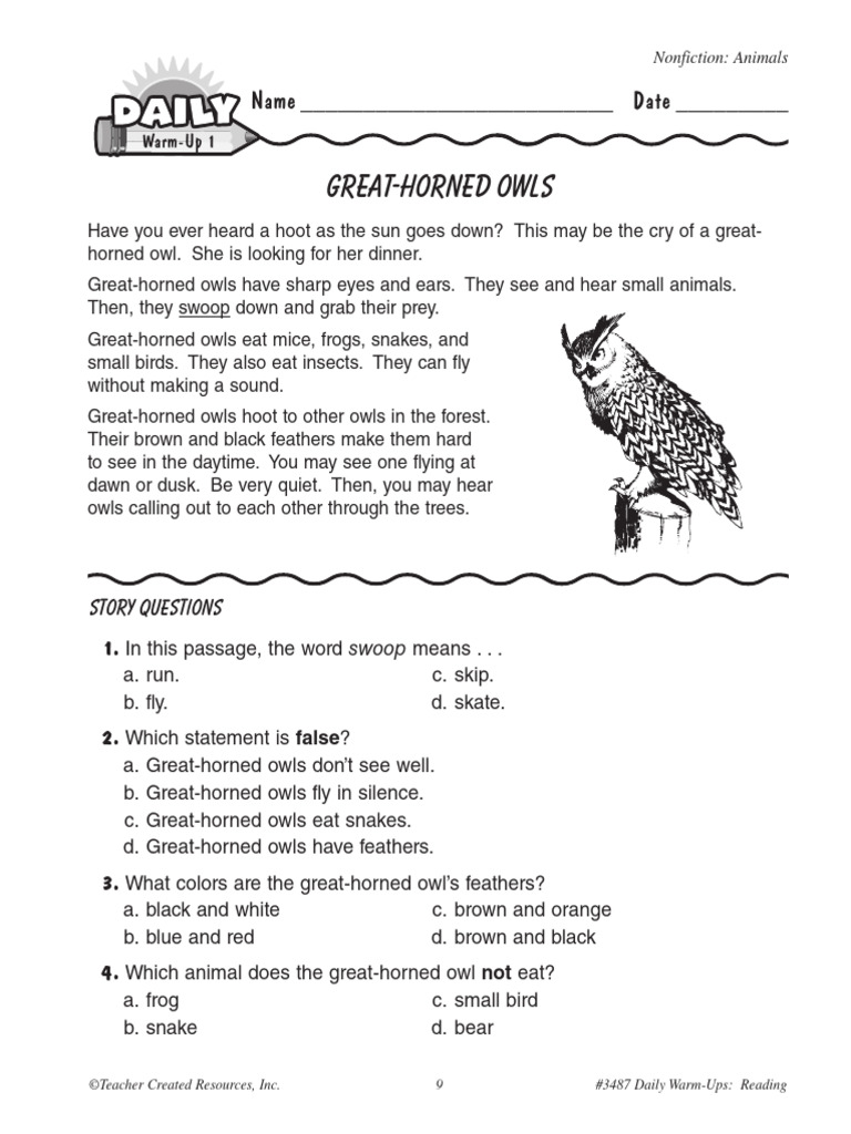 Daily Reading Warm-Ups for Kids | PDF | Owl | Cats