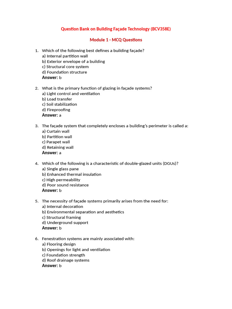 Building Façade Technology Question Bank | PDF | Window | Building ...