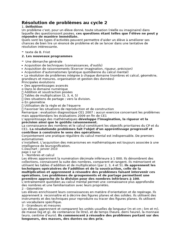 Résolution de problèmes en cycle 2 | PDF | Mathématiques | Multiplication