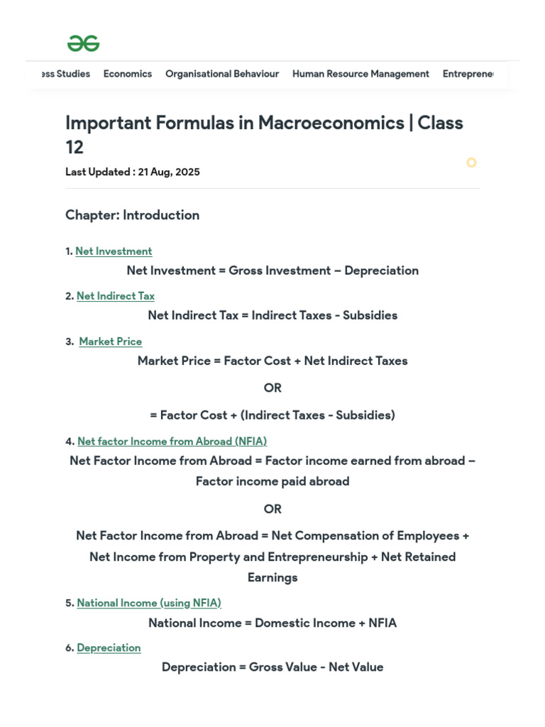 Important Formulas in Macroeconomics _ Class 12 - GeeksforGeeks | PDF ...