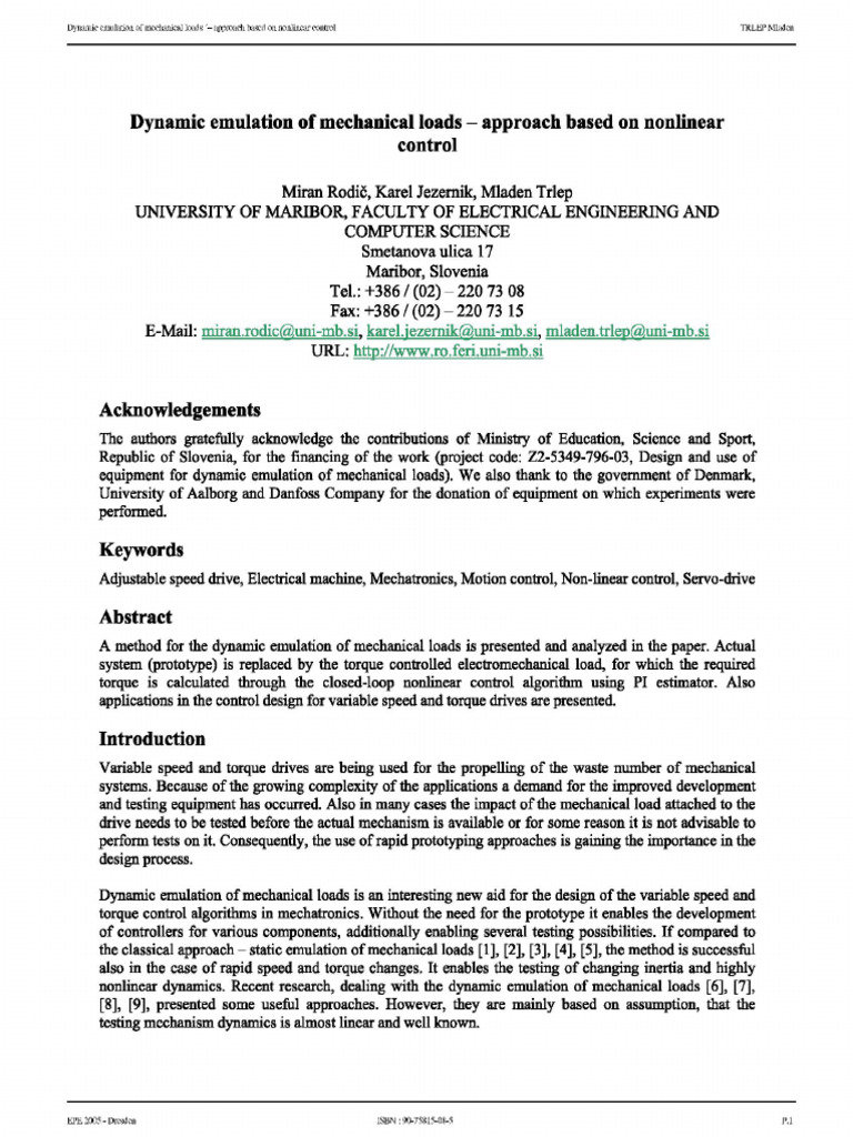 Dynamic Emulation of Mechanical Loads - Approach Based On Nonlinear Control | PDF | Control ...