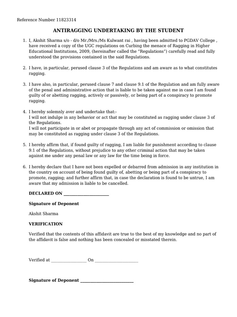 Anti Ragging Affidavit Form | PDF | Affidavit