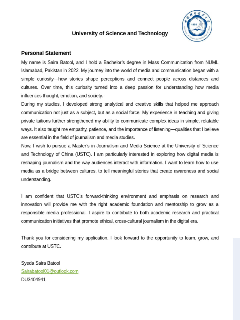 Personal Statement for USTC Journalism Program | PDF