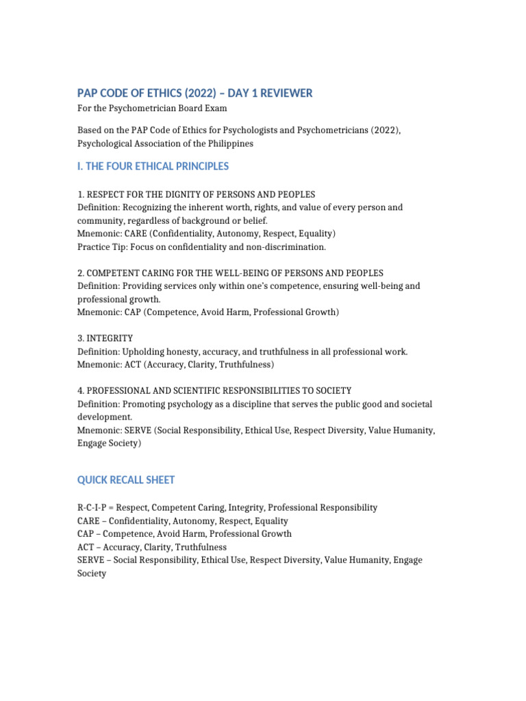PAP Code of Ethics for Psychometricians | PDF | Integrity | Psychology