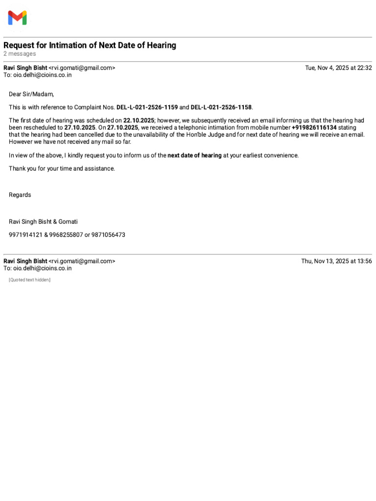 Gmail - Request For Intimation of Next Date of Hearing | PDF