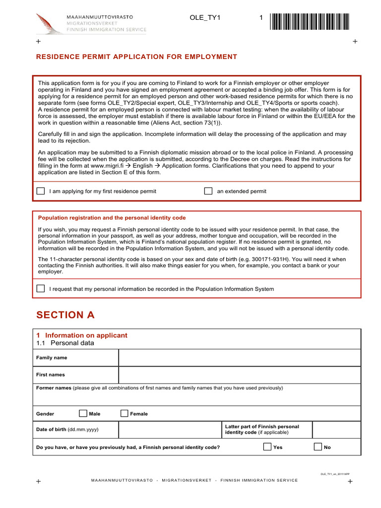 Residence Permit Application for Employment - Maahanmuuttovirasto | PDF ...