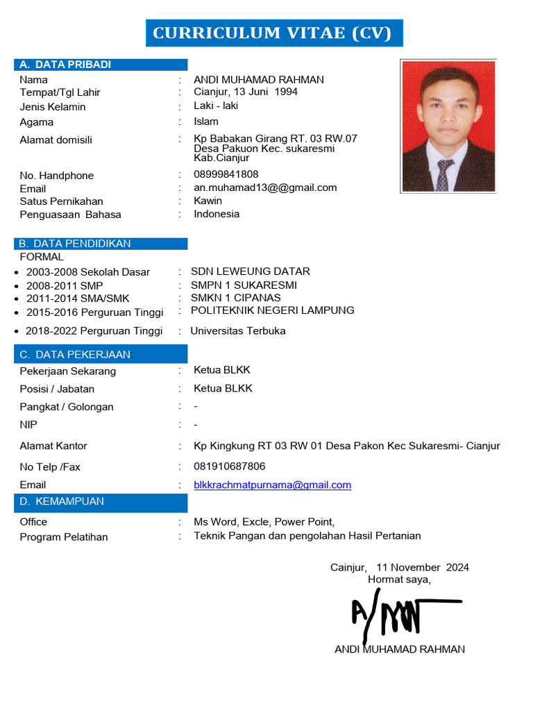 CV Andi Muhamad Rahman 2024 | PDF