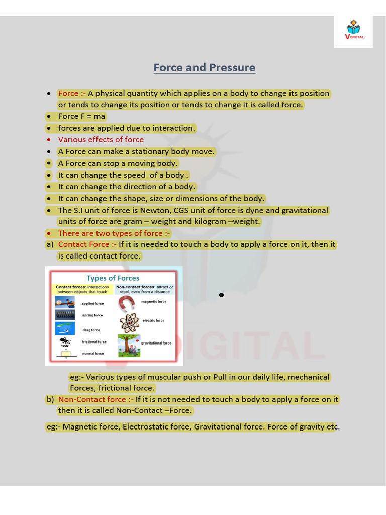 (FORCE and PRESSURE) Class's 8th Physic's Ch 1 | PDF | Force | Pressure