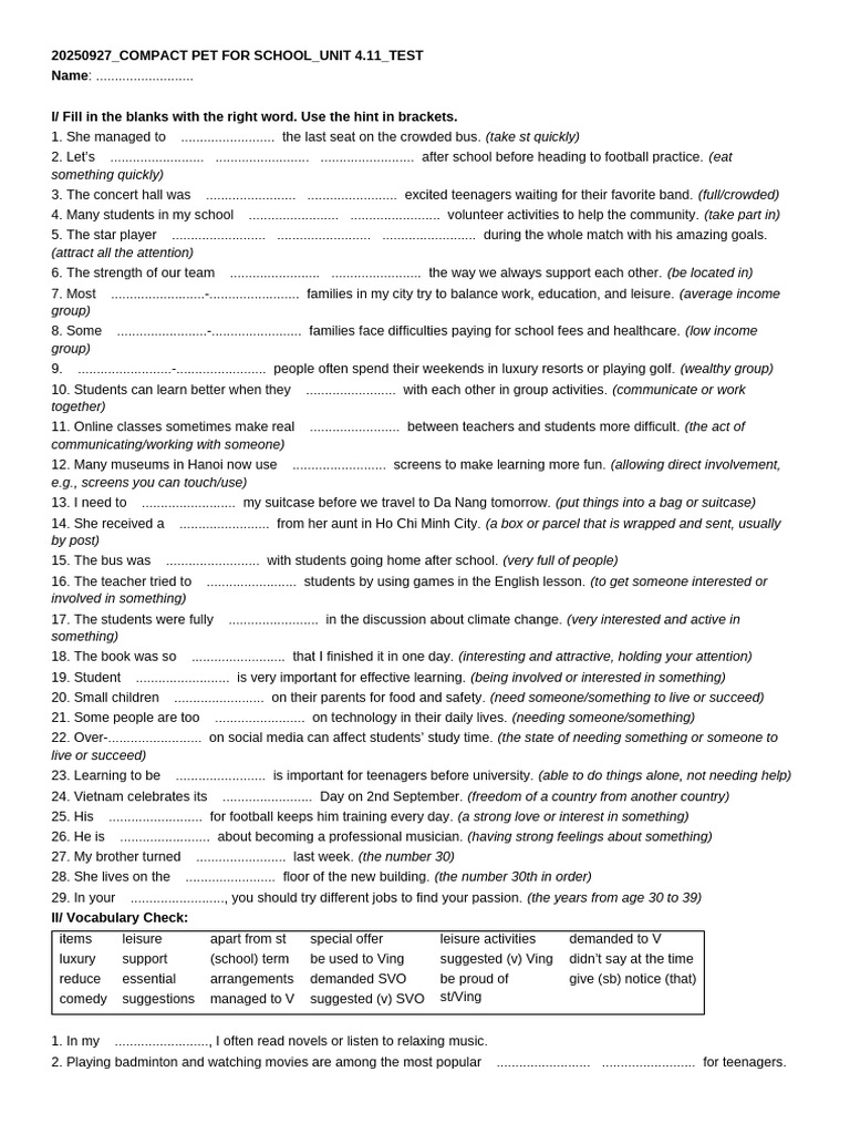 PET School Test Vocabulary Practice | PDF