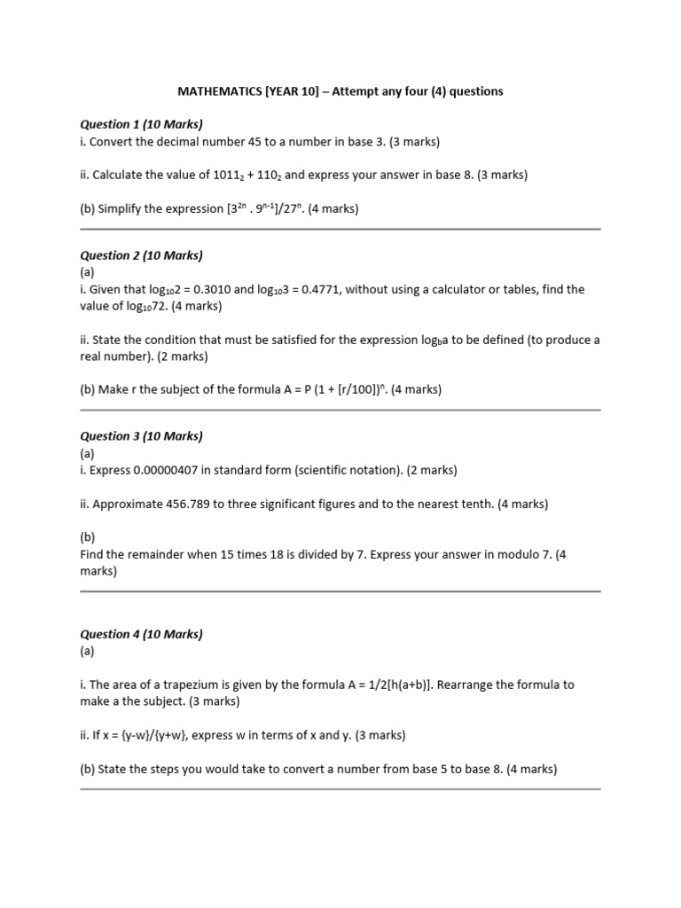 Year 10 Mathematics Exam Questions | PDF
