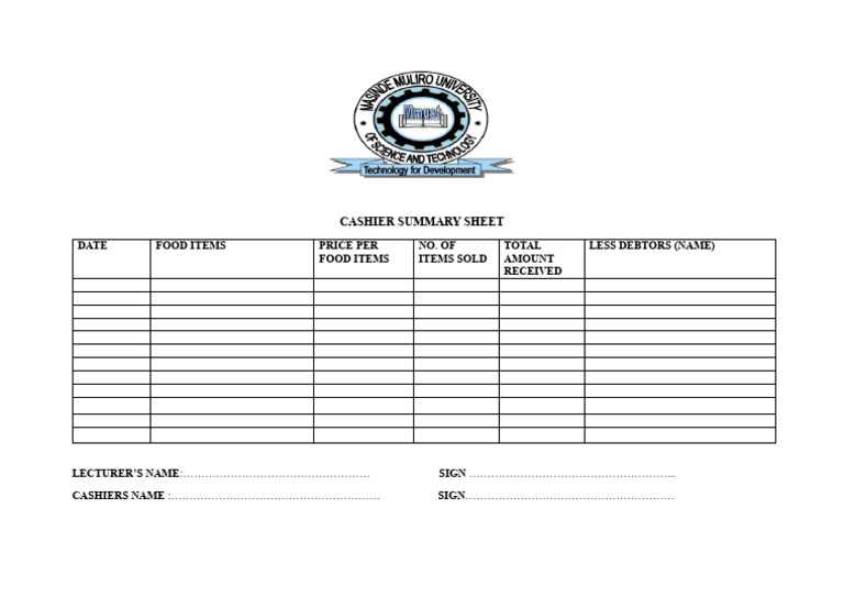 Cashiers Summary Sheet | PDF