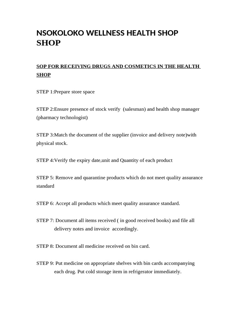Wellness Shop SOPs for Drug Handling | PDF