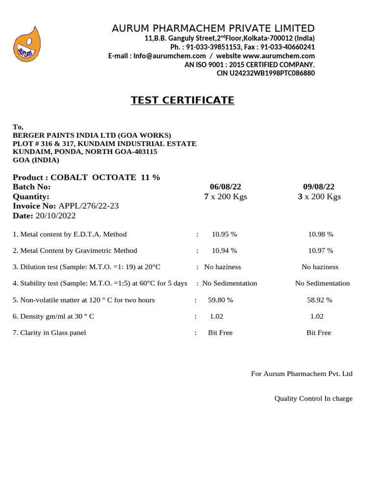 Cobalt Octoate Test Certificate | PDF