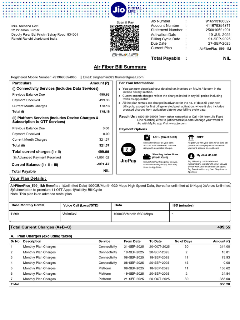 Jio AirFiberPlus Bill Summary 2025 | PDF | Credit Card | Payments