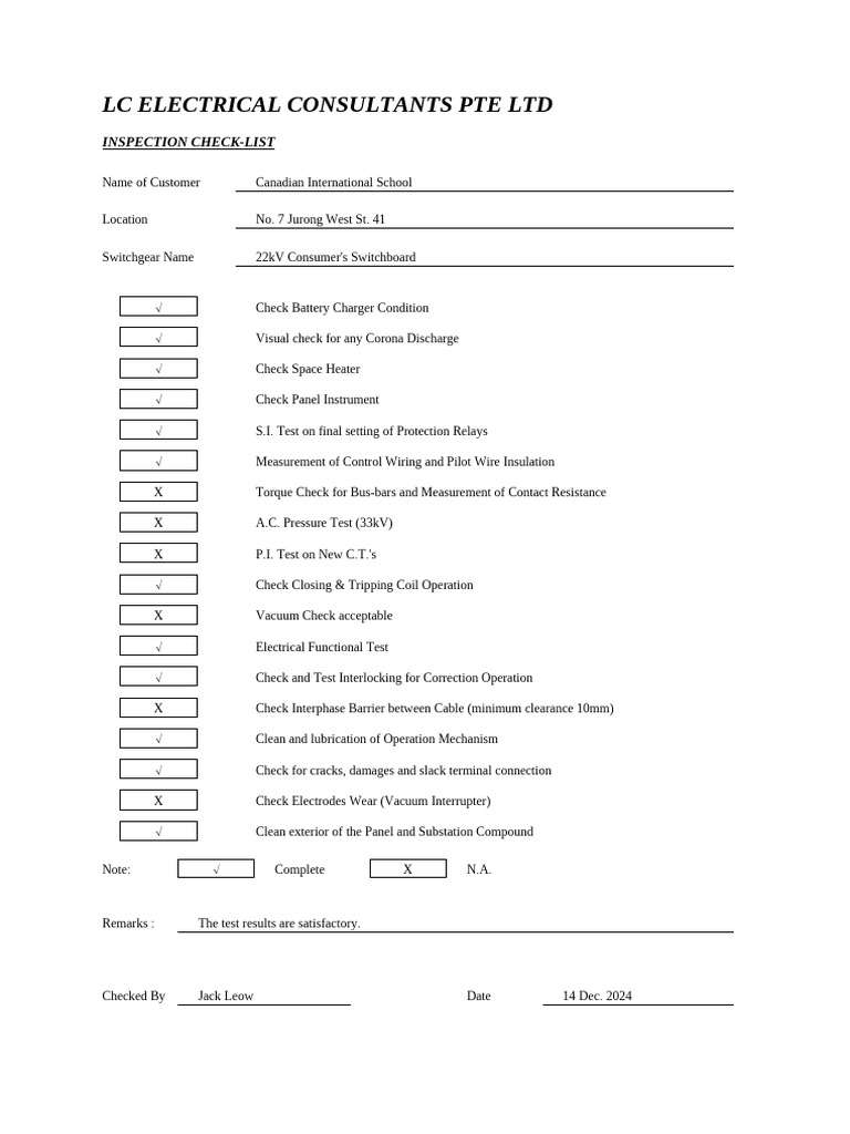 Electrical Inspection Checklist for 22kV Switchboard | PDF ...