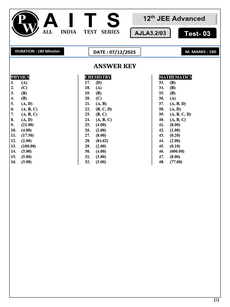 AITS JEE Advanced Test-03 - Paper-2 (12th) - Solution | PDF ...