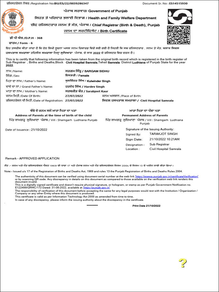 Birth Certificate Sample | PDF