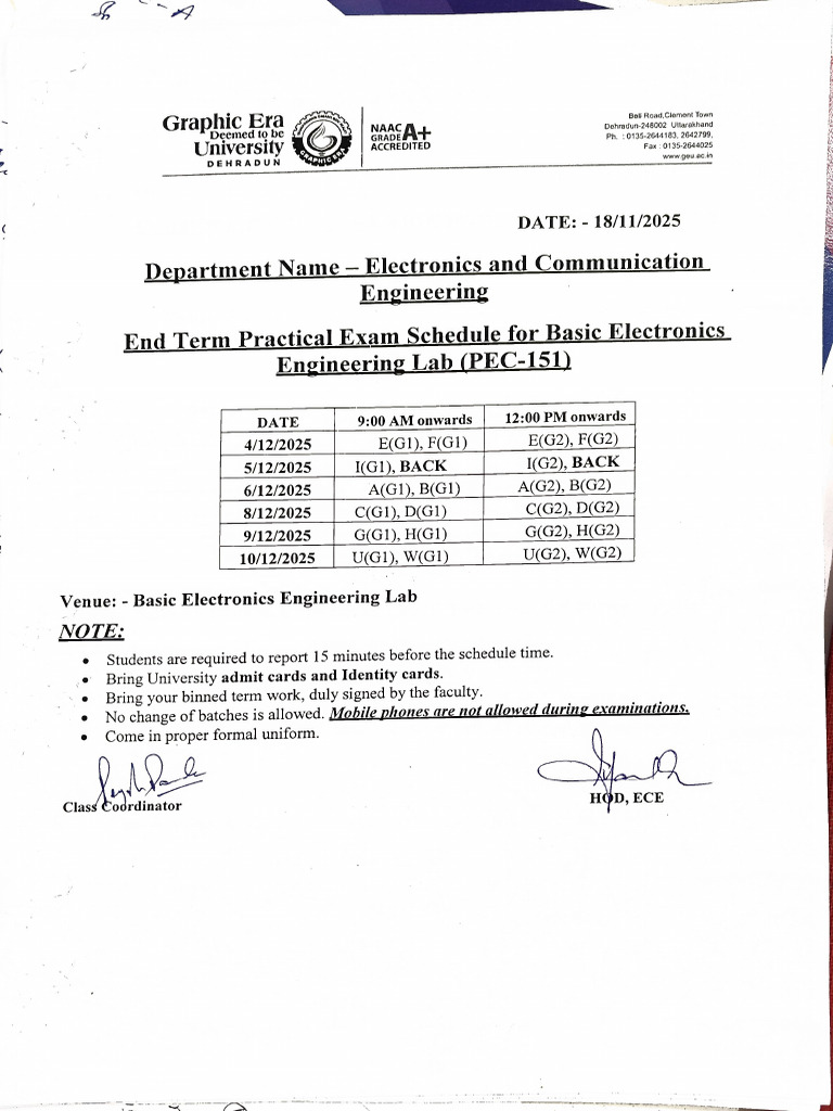 PEC 151 End Sem Lab Exam Notice | PDF