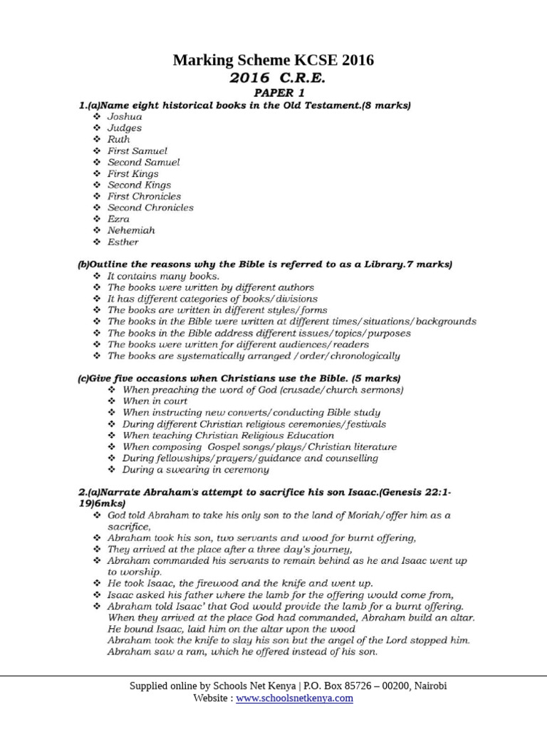 KCSE 2016 Marking Scheme Guide | PDF