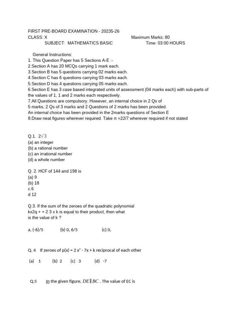Class X Mathematics Pre-Board Exam 2023 | PDF | Circle | Numbers