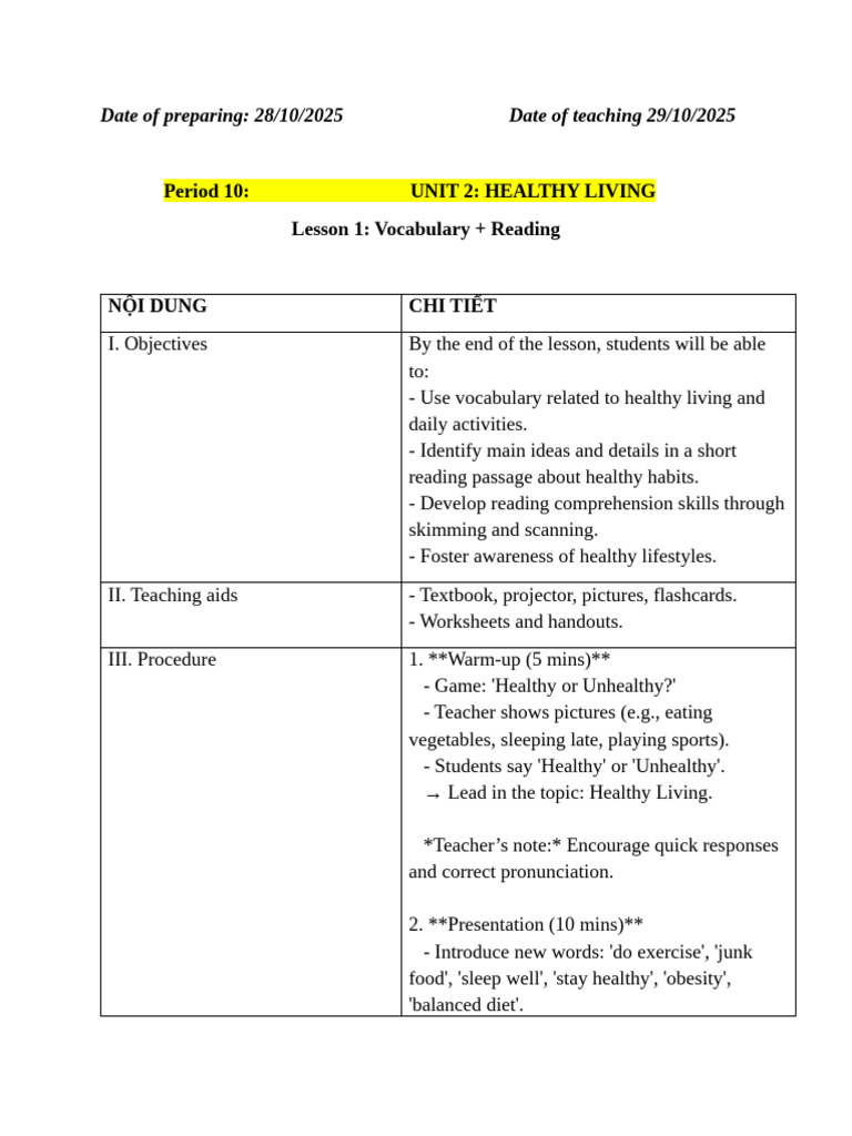 Healthy Living Vocabulary Lesson Plan | PDF | Reading Comprehension ...