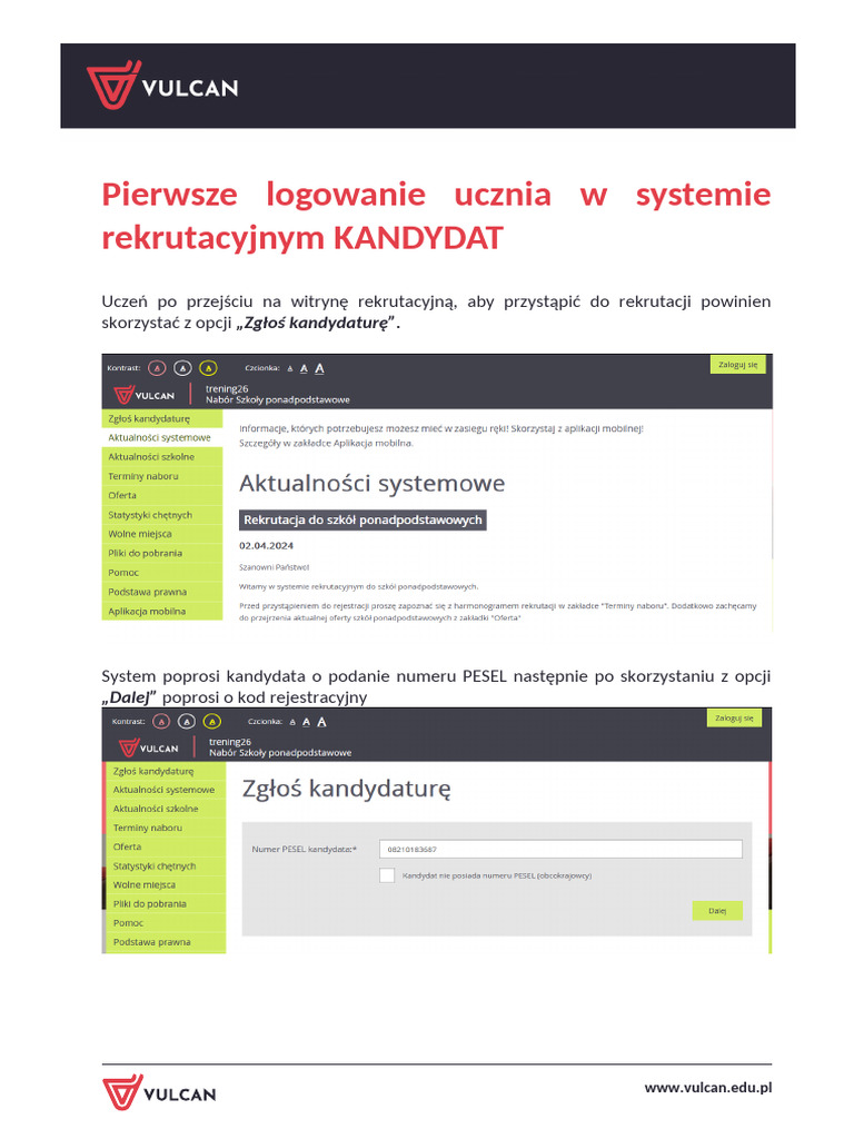 Pierwsze Logowanie Ucznia W Systemie Rekrutacyjnym KANDYDAT v4 | PDF